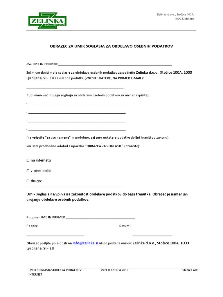 Obrazec Za Umik Soglasja Za Obdelavo Osebnih Podatkov | PDF