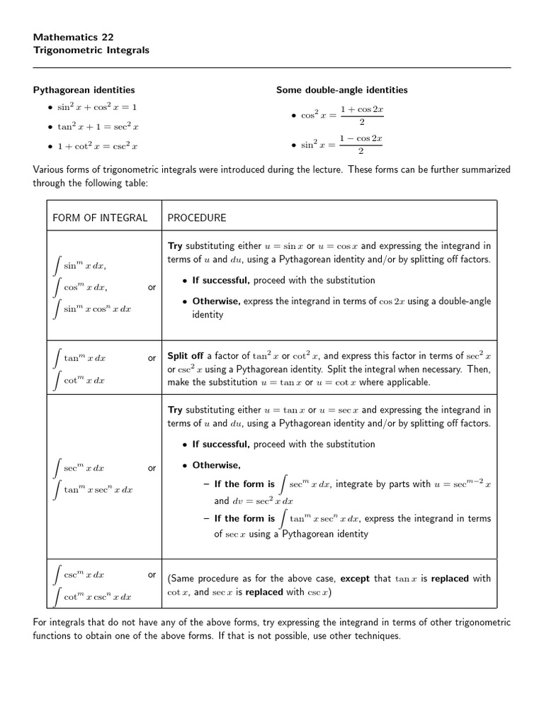 Trigonometric Integral Techniques | PDF | Trigonometric Functions ...