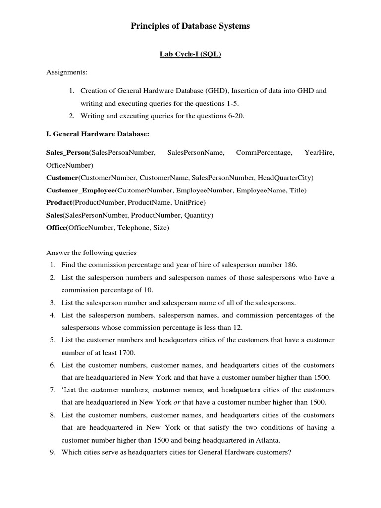 Principles of Database Systems Lab Cycle PDF | PDF | Sales | Databases