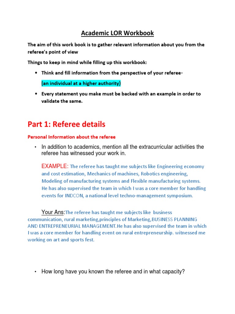 Academic LOR Workbook | PDF | Mentorship | Engineering