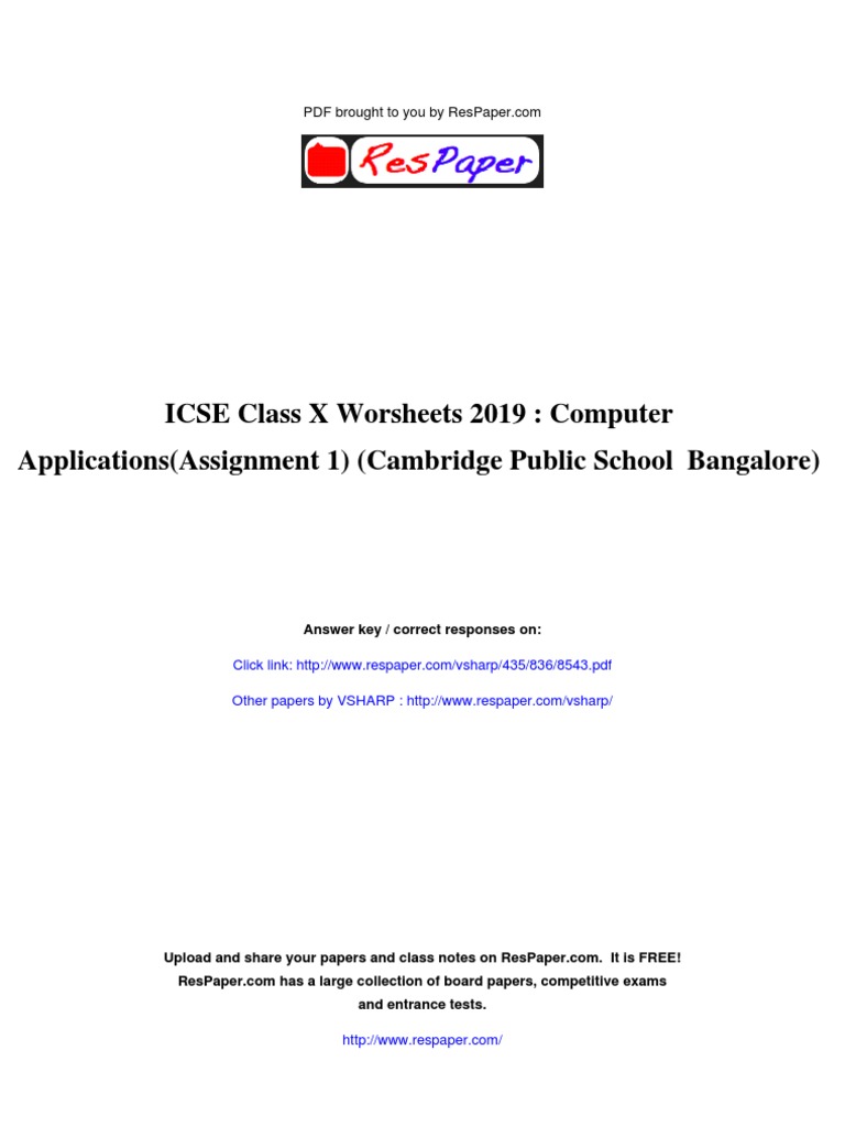 ResPaper ICSE Class X Worsheets 2019 Computer | PDF