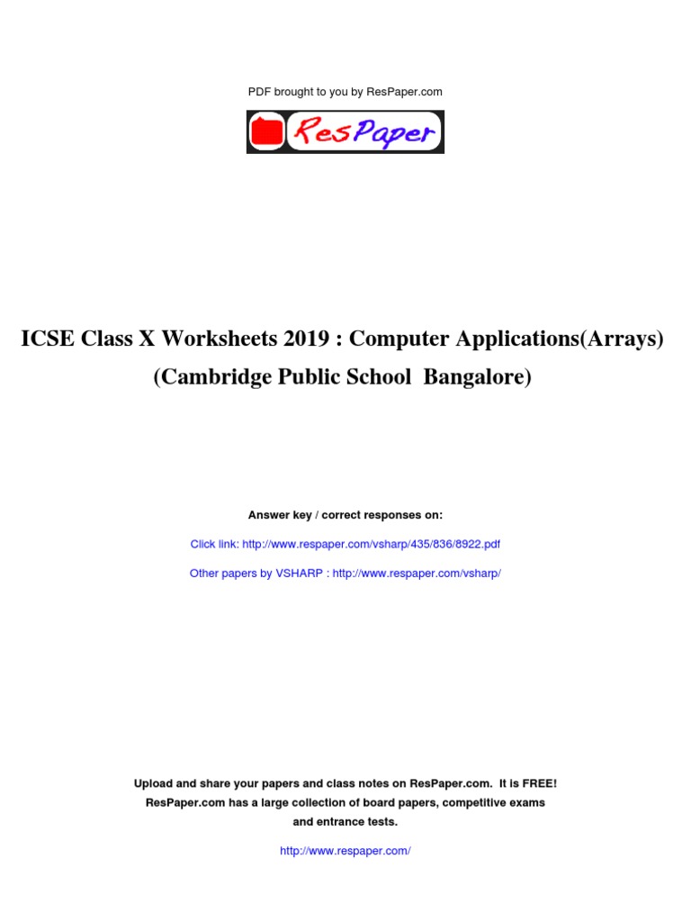 ResPaper ICSE Class X Worksheets 2019 Computer Applications (Arrays) | PDF