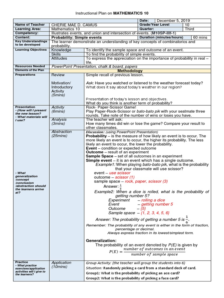 Instructional Plan On Probability Simple Events Pdf Probability