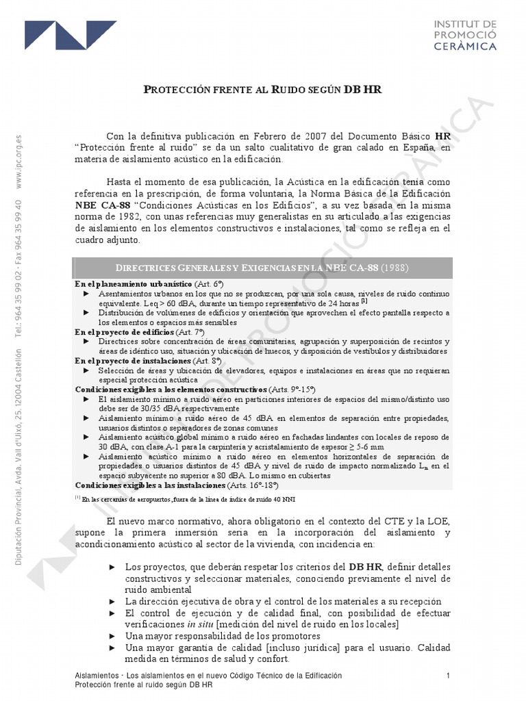 Análisis del nuevo Documento Básico HR sobre protección frente al ruido según el Código Técnico ...