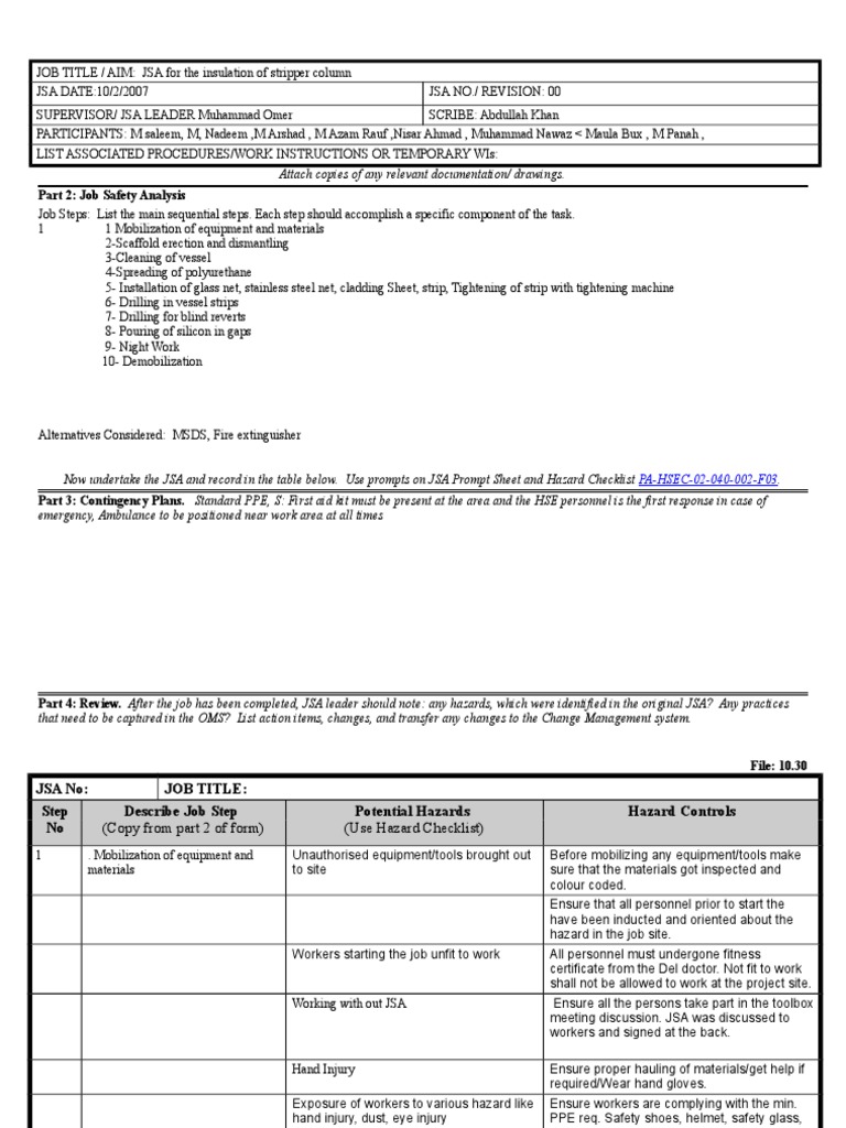 JSA for Insulation Work at Height | PDF | Personal Protective Equipment ...