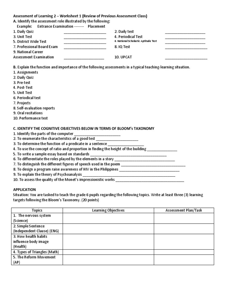 Worksheet Assessment of Learning 2 | PDF | Test (Assessment ...