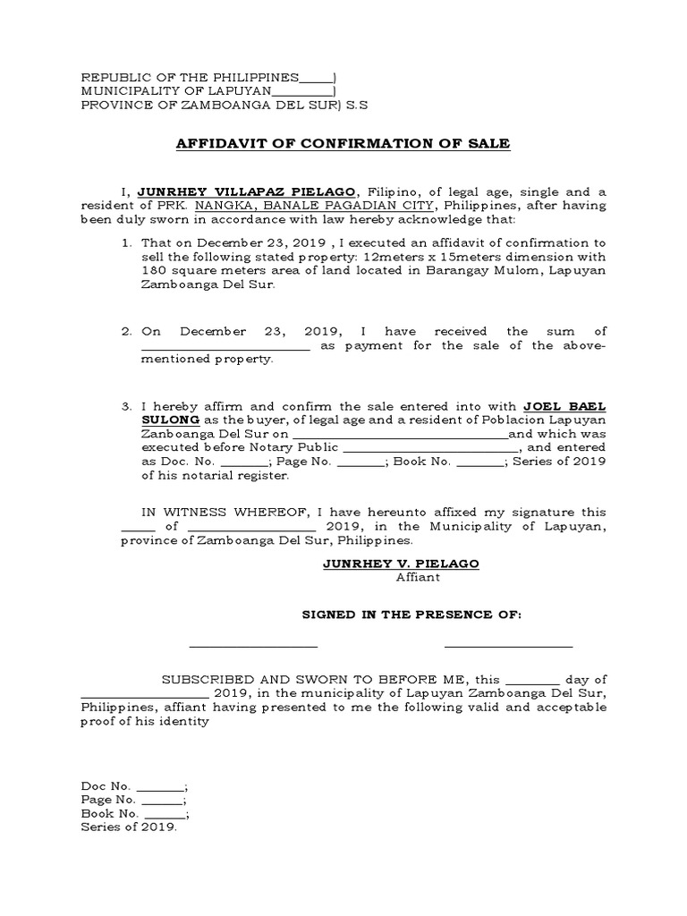 Affidavit of Confirmation of Sale | PDF