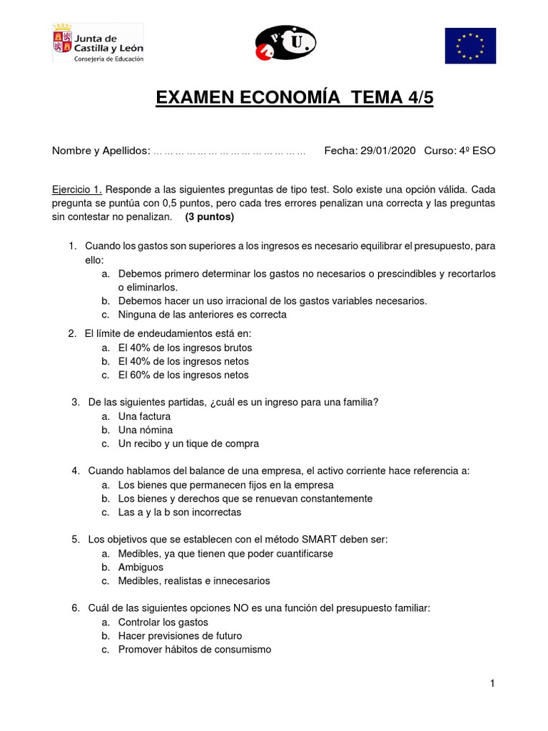 Examen Economía 4ºC ESO Tema 4-5 | PDF | Euro | Presupuesto