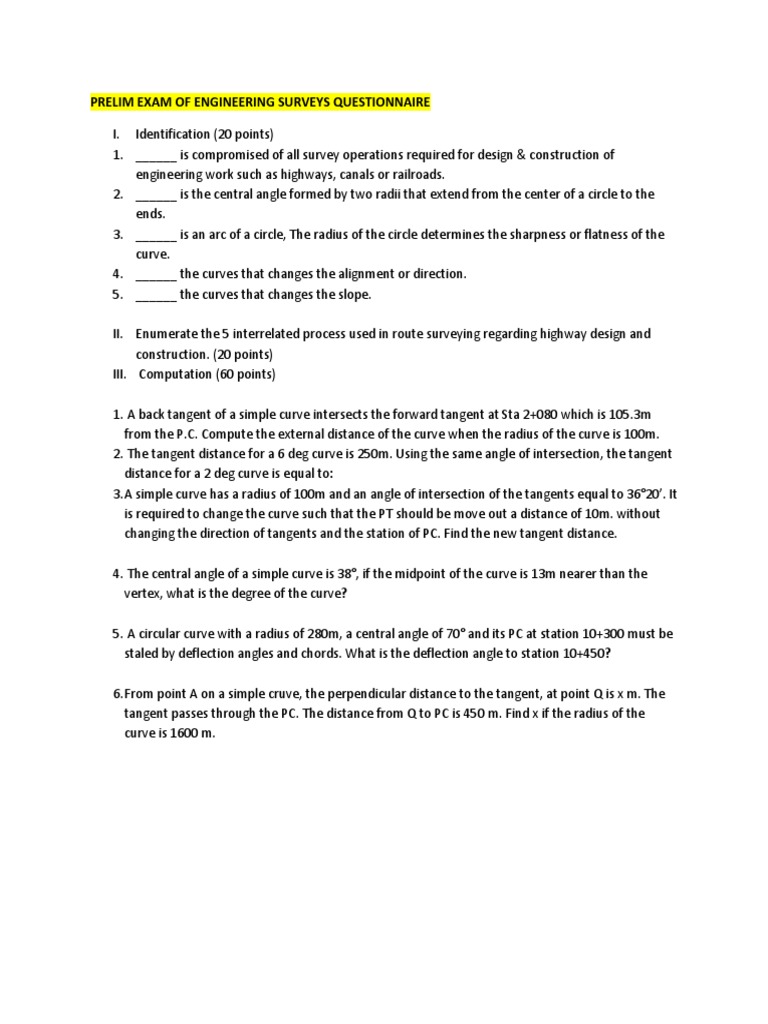 Prelim Exam of Route Surveying Questionnaire | PDF
