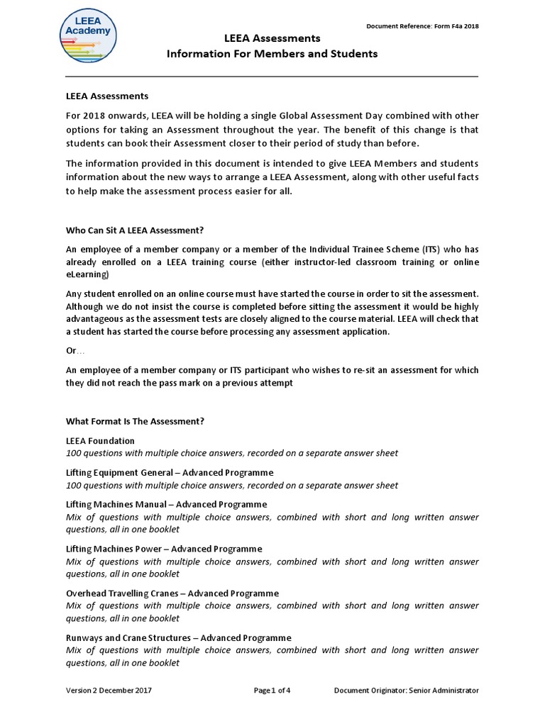 F4a 2018 LEEA Assessments - Information For Members & Students Version ...