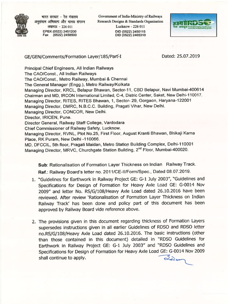 Letter-Rationalisation of Formation Layer Thickness On Indian Railway ...