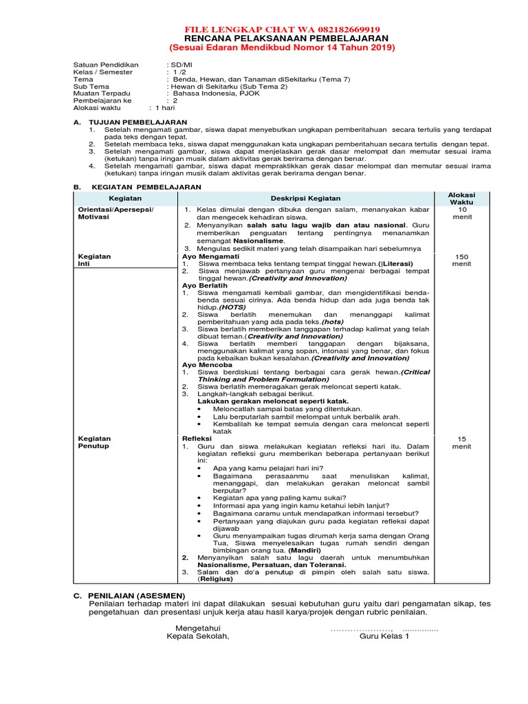 Contoh RPP Kelas 1 Tema 7 | PDF