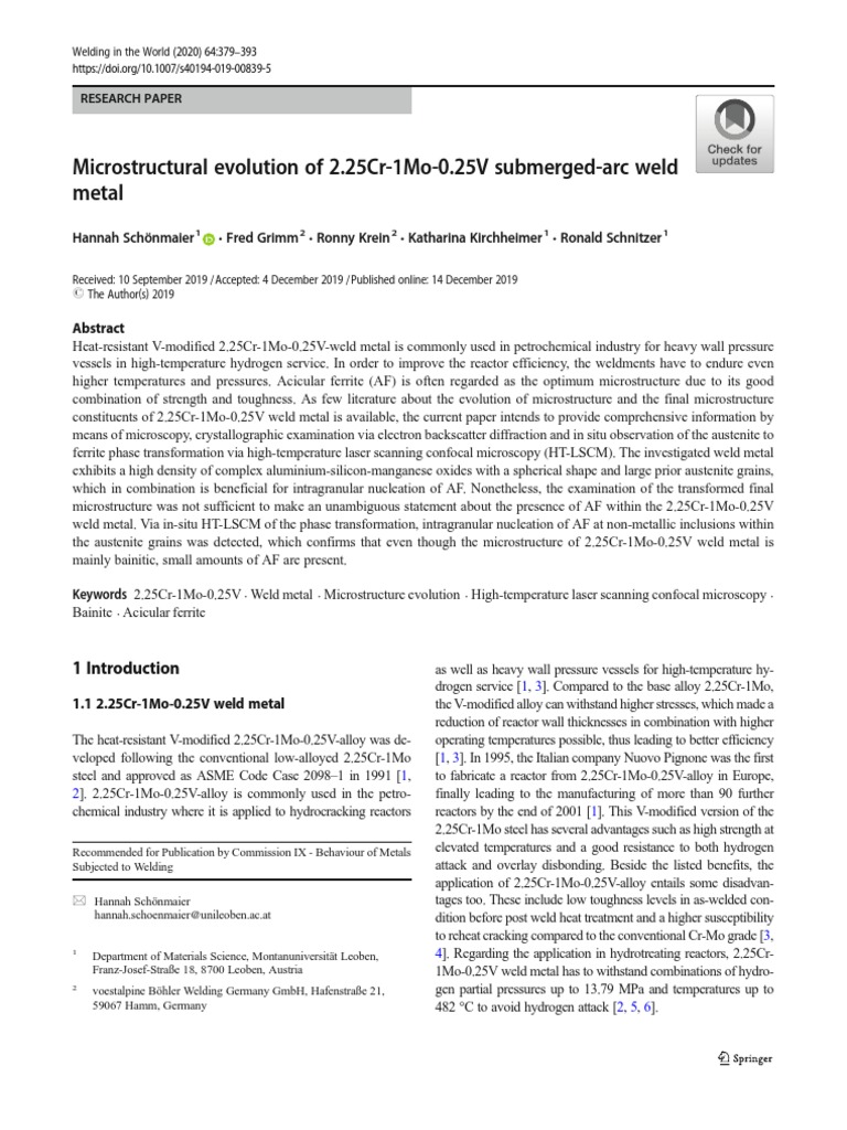 Microstructural Evolution of 2.25Cr-1Mo-0.25V Submerged-Arc Weld PDF | PDF | Heat Treating ...