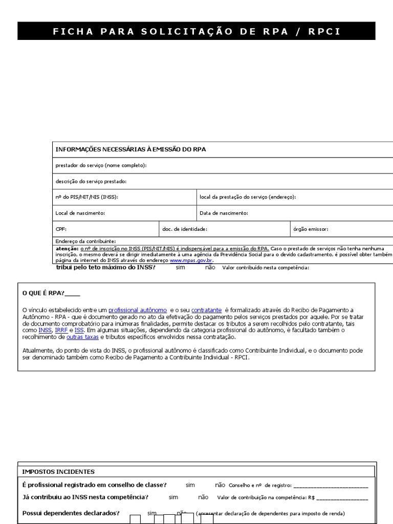 Modelo RPA | Download grátis PDF | Imposto de Renda | Impostos