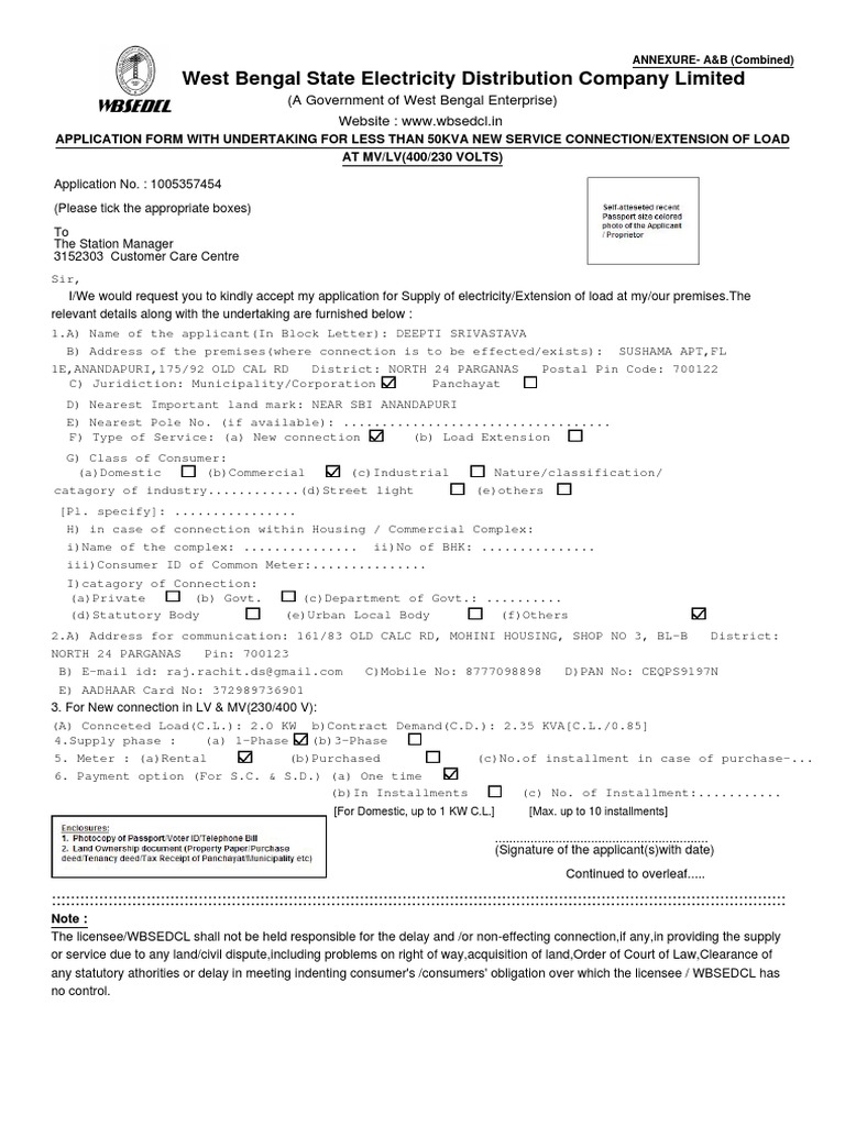 Application for a New Domestic Electricity Connection in West Bengal ...