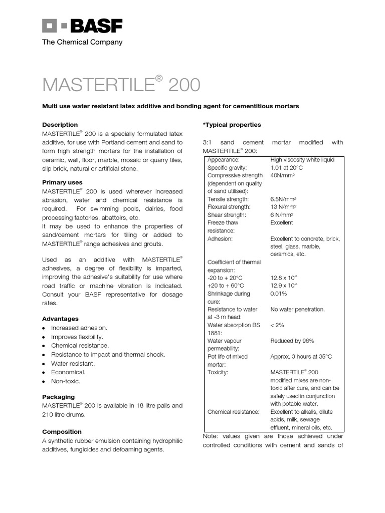 02 - TDS - Mastertile 200 | PDF | Adhesive | Concrete