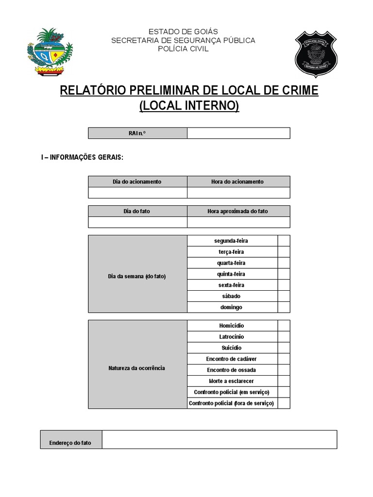 MODELO RELATÓRIO PRELIMINAR- LOCAL DE CRIME INTERNO | Polícia | Crime e ...