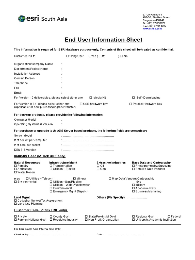 ESA - End User Information Sheet | PDF | Esri | Arc Gis