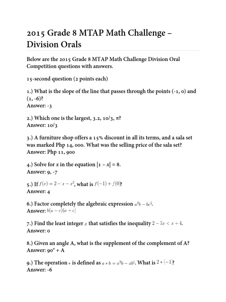 2015 Grade 8 MTAP Math Challenge Questions | PDF | Mathematical Objects ...