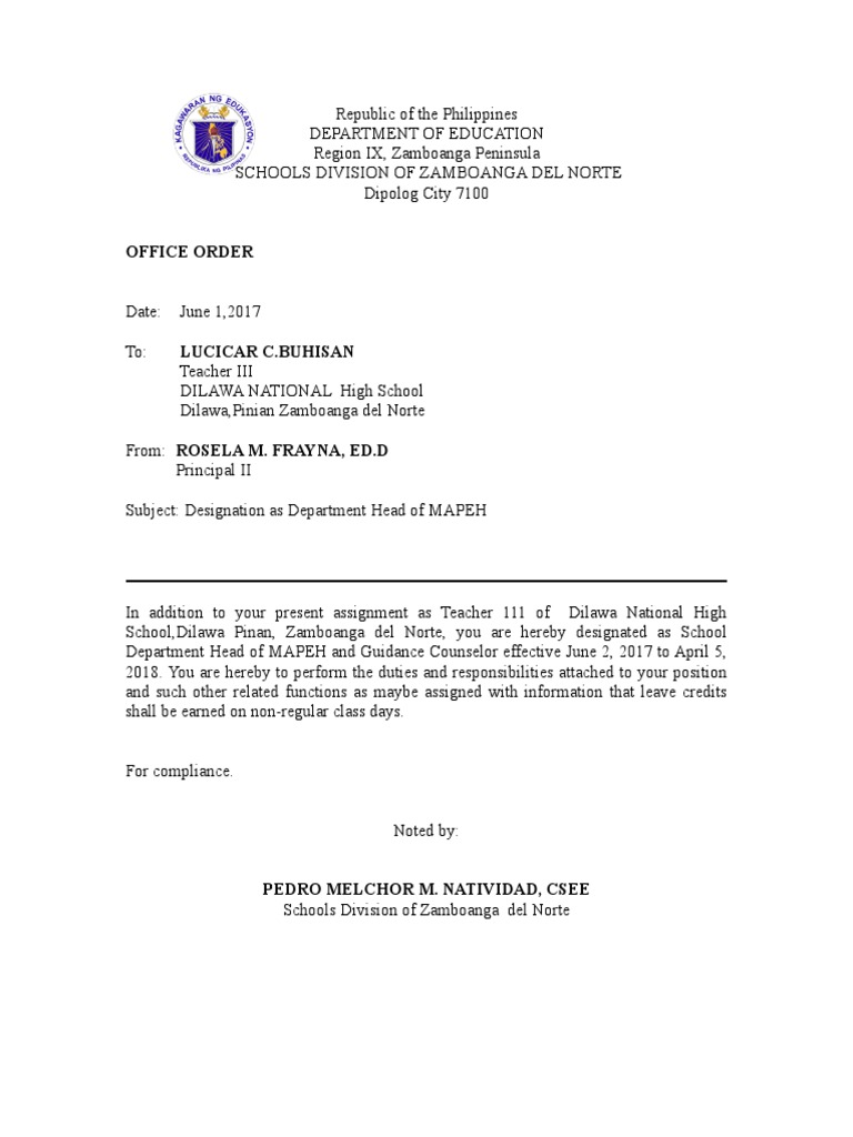 MAPEH Dept. Head Designation | PDF | Career & Growth | Self-Improvement