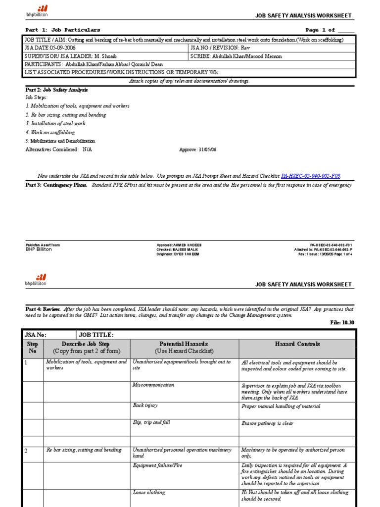 JSA For Rebar Works Includes Working in Scaffolding | PDF | Prevention ...