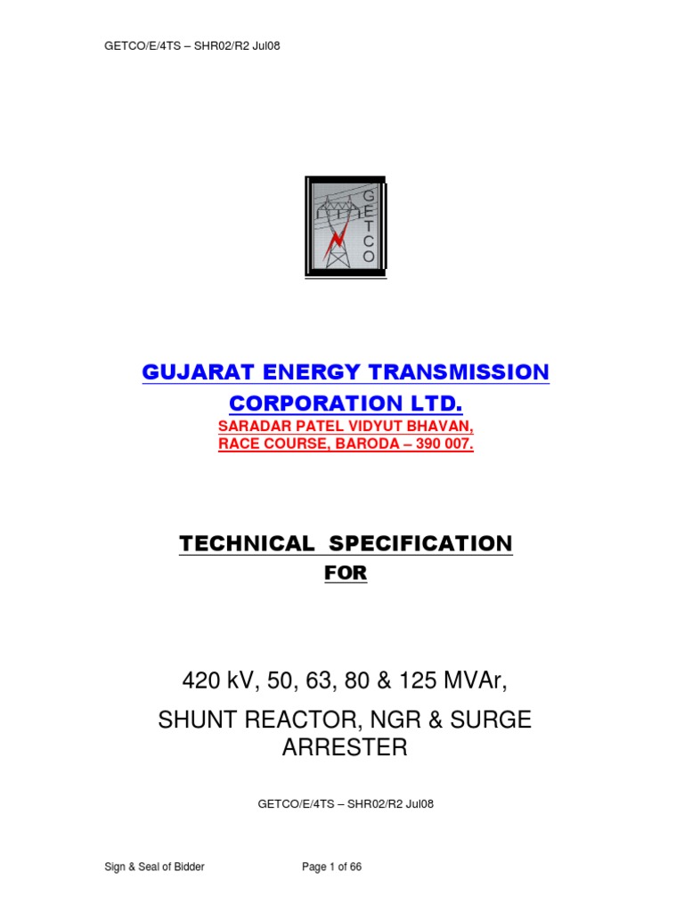 04 400 KV 50 63 80 125 Mvar Shunt Reactor NGR Sa r2 Jul 08 PDF | PDF ...