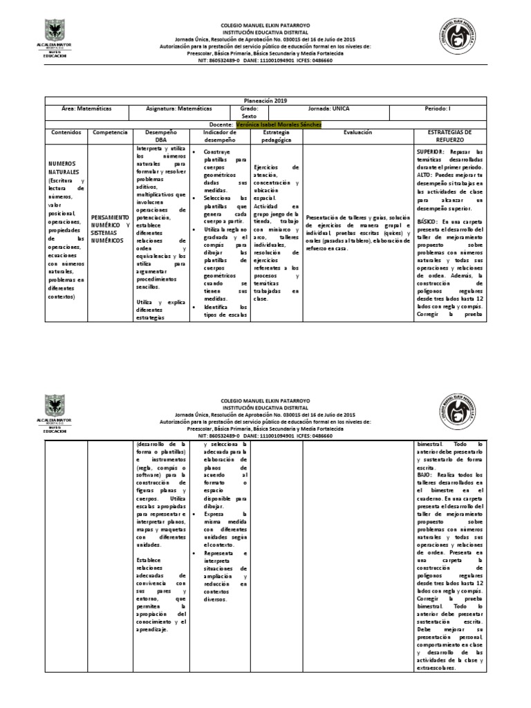 PLAN DE ASIGNATURA MATEMÁTICAS Actualizada I Bimestre 2019 | PDF ...