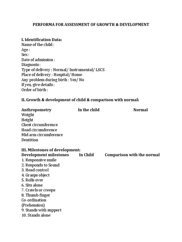 Child Growth & Development Assessment Form | PDF | Meal | Psychological ...