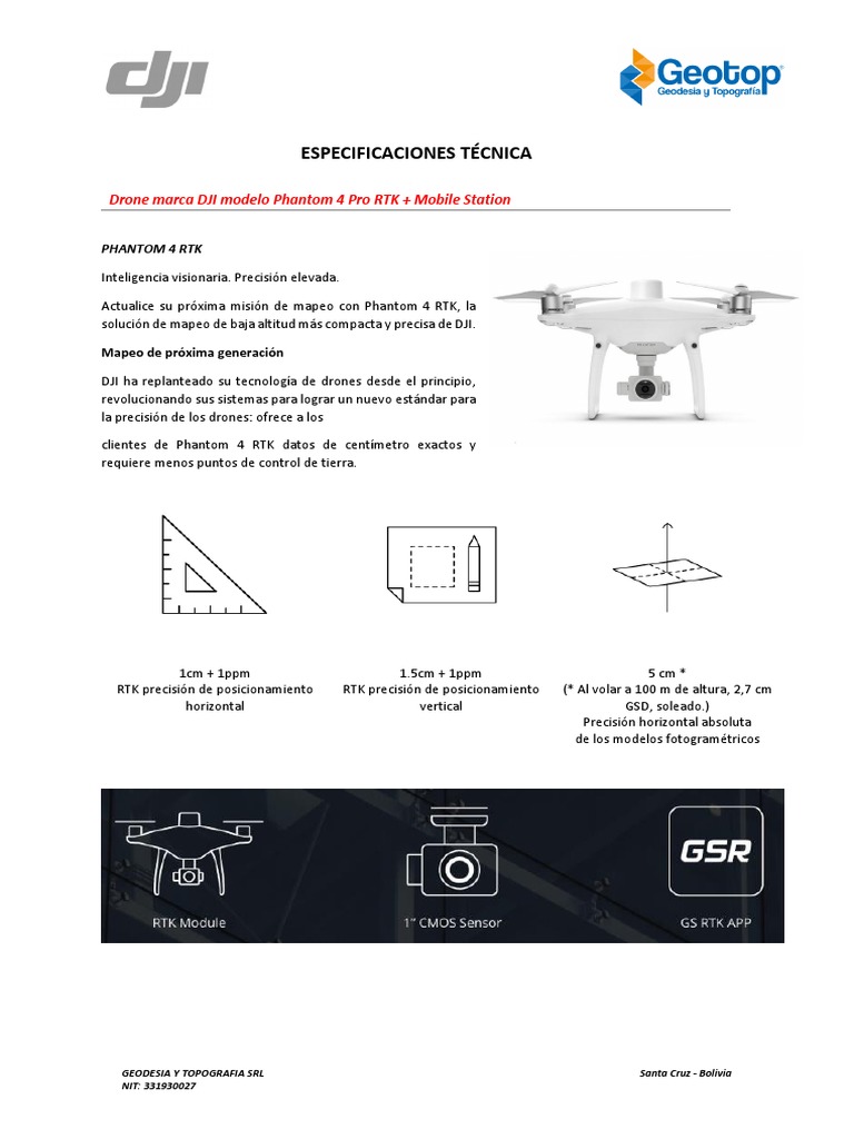 Caracteristicas Drone Dji Phantom 4 RTK | PDF | Topografía | Sistema de Posicionamiento Global