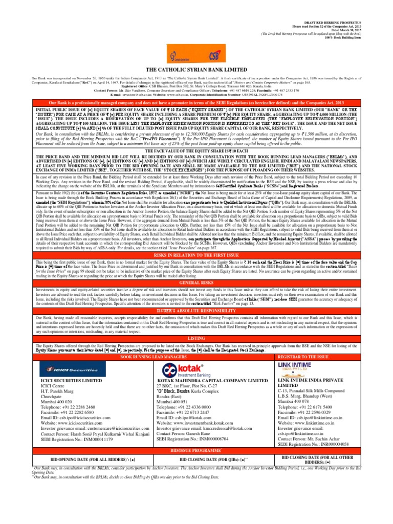 Catholic Syrian Bank IPO Draft Prospectus | PDF | Stocks | Mutual Funds