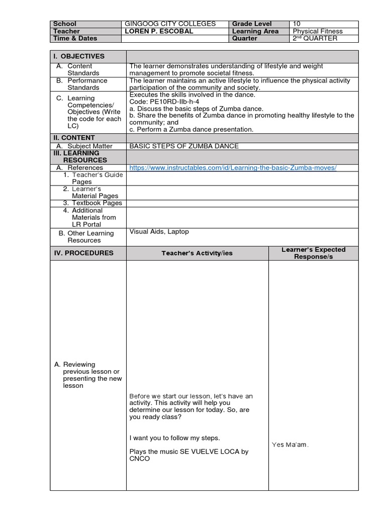 Zumba Lesson Plan | PDF | Behavior Modification | Learning