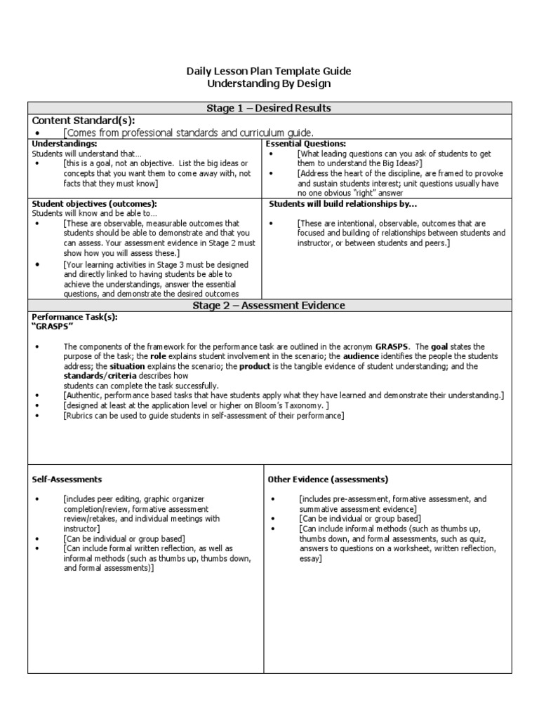 Daily Lesson Plan Template (Understanding by Design) | PDF ...