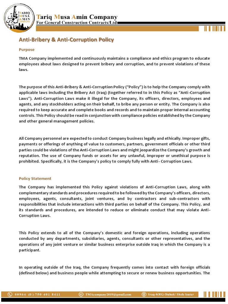 Anti-Bribery Policy Statement - TMA Company | PDF | Bribery | Corruption