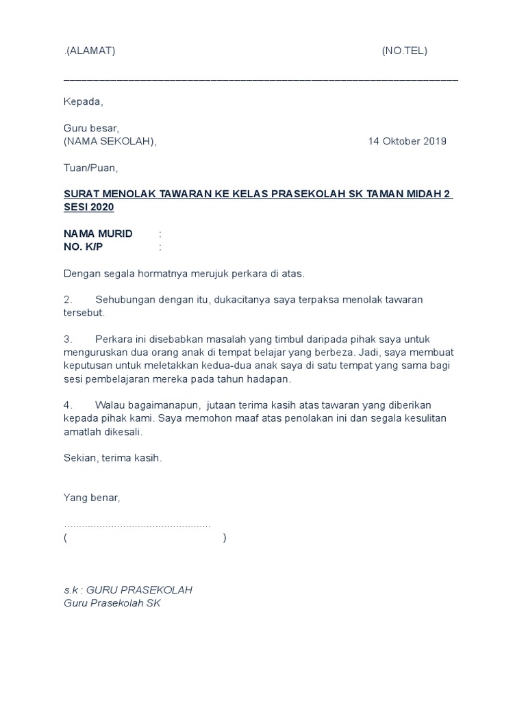 Contoh Surat Tolak Prasekolah | PDF