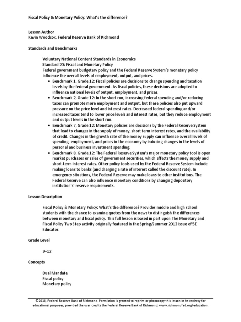 Fiscal Policy Monetary Policy Lesson Plan | PDF | Federal Reserve ...