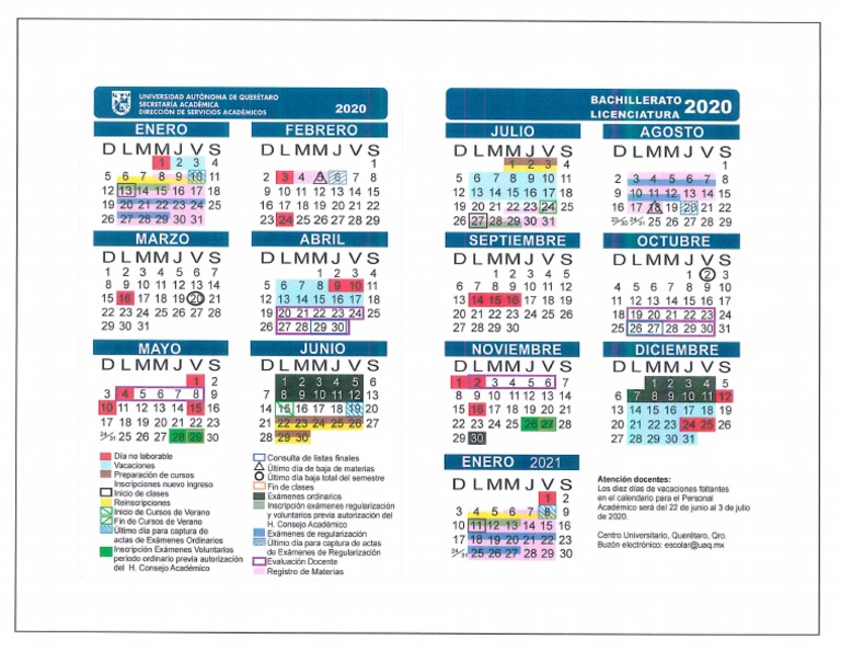 Calendario Escolar 2020 (Bach - Lic. y Posg.) UAQ | PDF