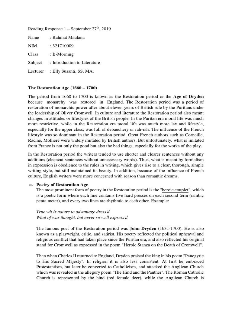 Reading Response 1 | PDF | John Dryden | Poetry