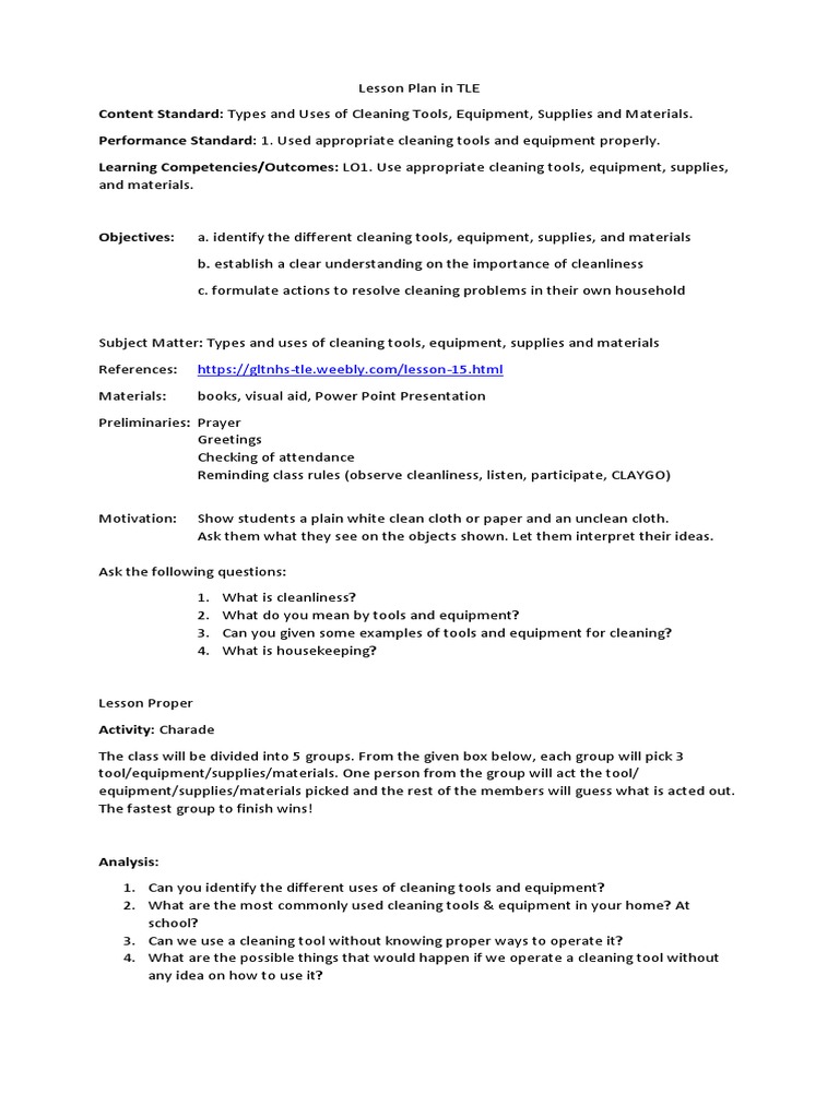 Lesson Plan Housekeeping | PDF | Housekeeping | Lesson Plan