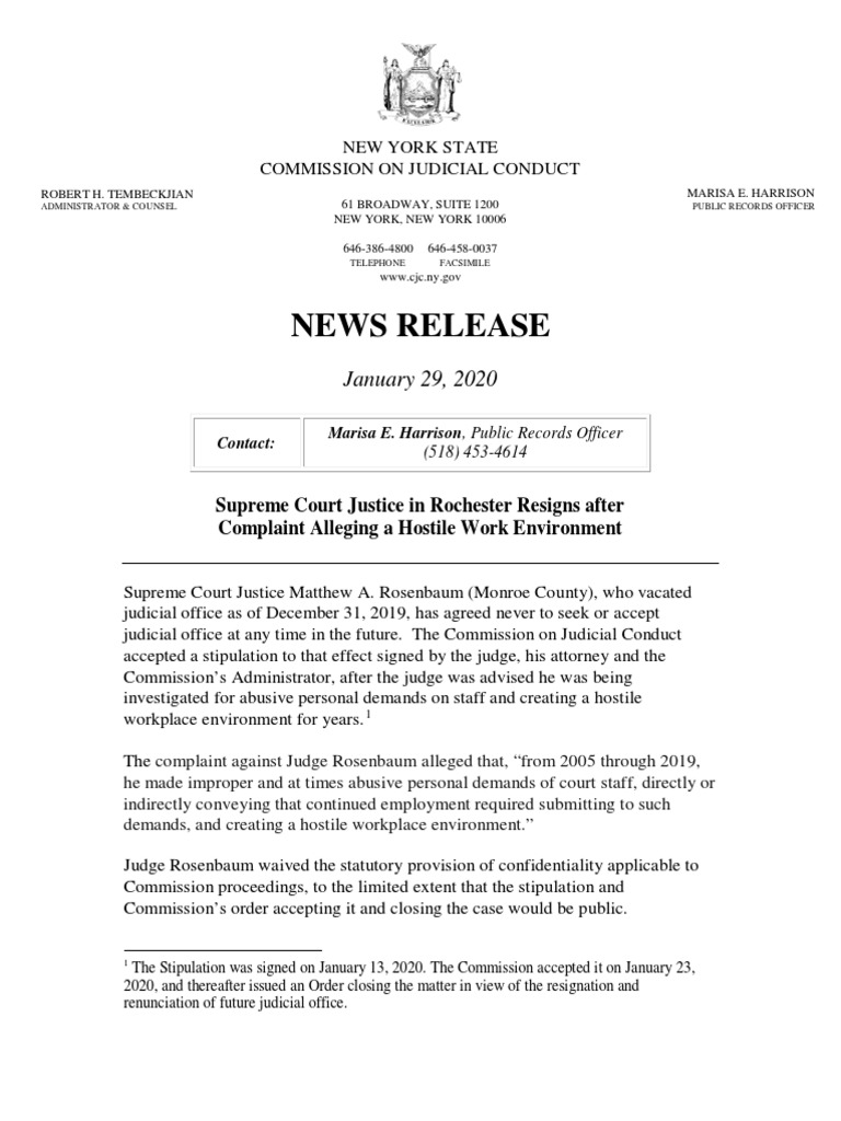 State Commission On Judicial Conduct Release On Matthew Rosenbaum | PDF ...