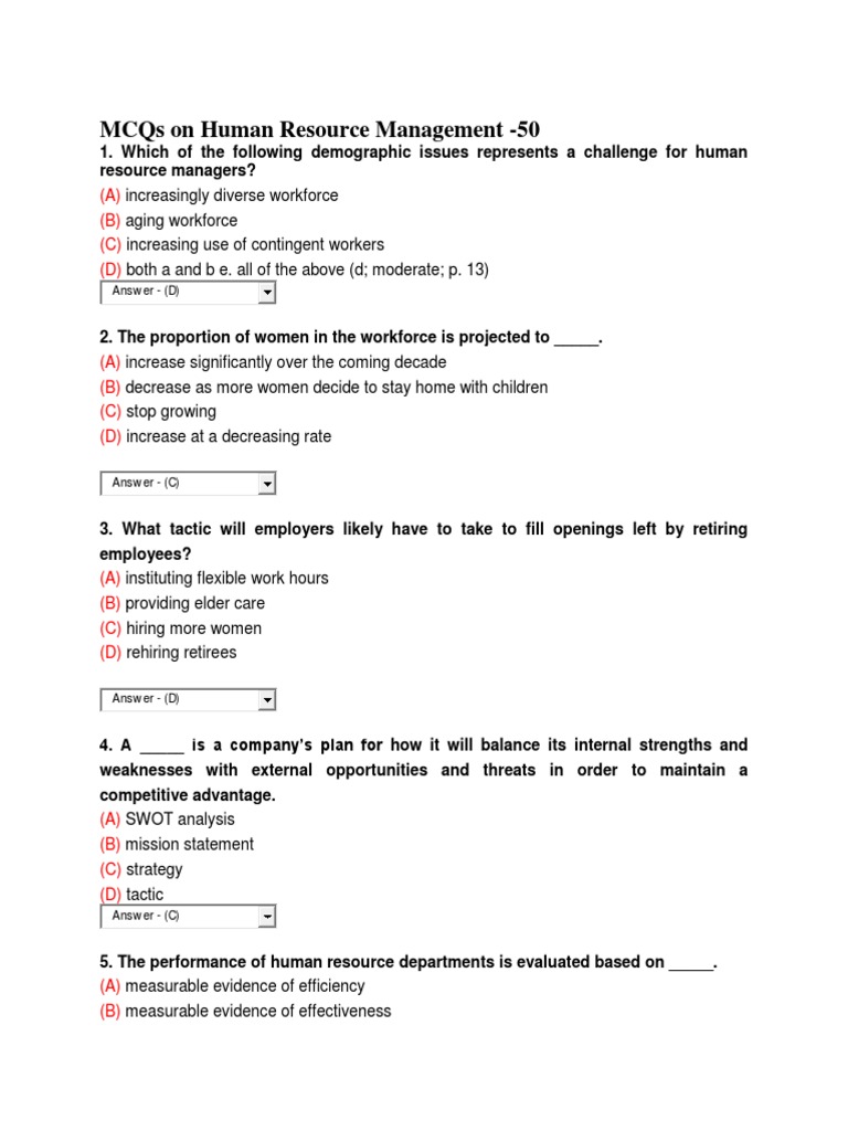 MCQs On Human Resource Management PDF | PDF | Human Resources ...