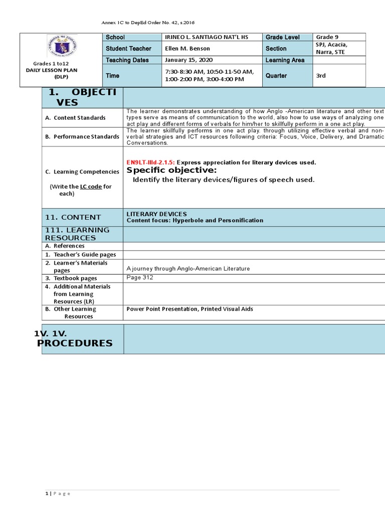 Grade 9 Literary Devices Lesson Plan | PDF | Lesson Plan | Teachers