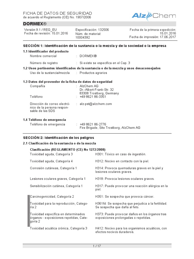 Hoja de Seguridad DORMEX | Descargar gratis PDF | Agua | Toxicidad