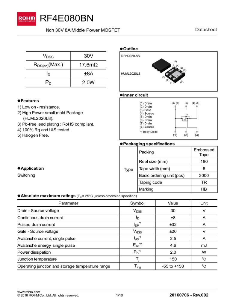 Datasheet RF4E080BNTB Code HB | PDF | Electromagnetism | Electrical Engineering