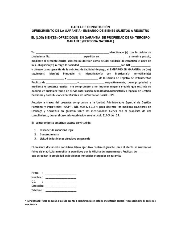 Carta Ofrecimiento Garantía Real Codeudor - Persona Natural - V1 | PDF