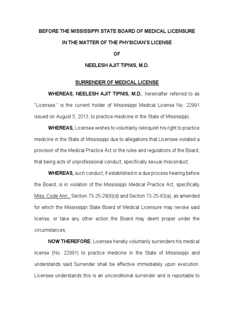 Tipnis Neelesh 22991 SurrenderofMedicalLicense02232020RC | PDF | Law ...