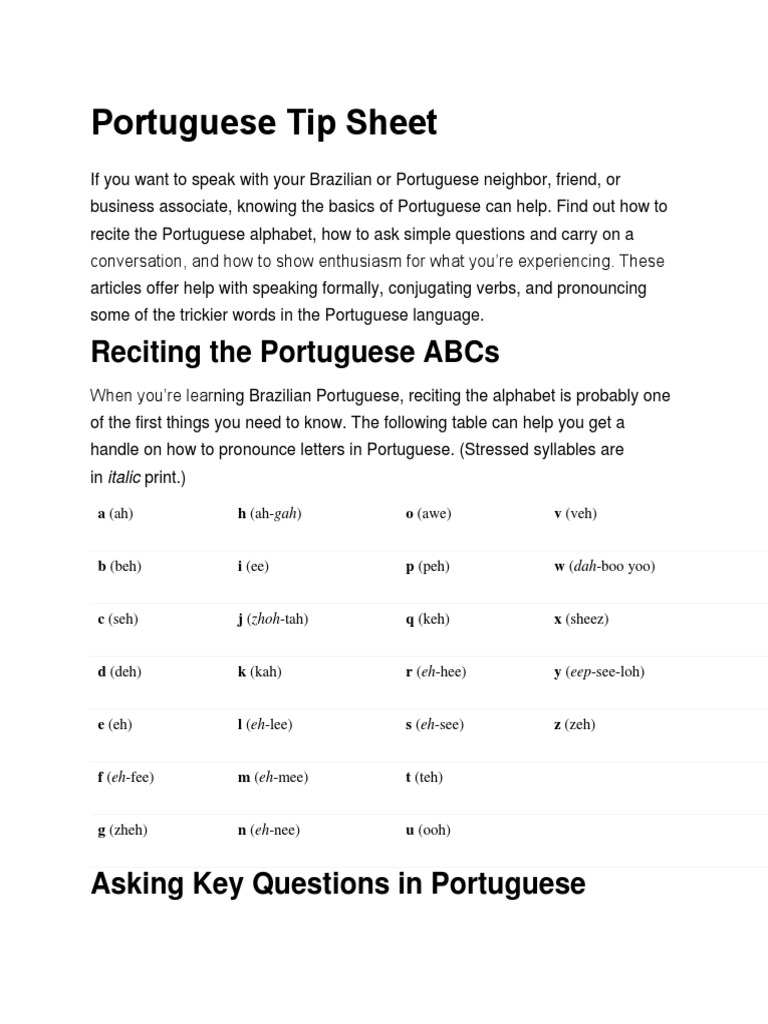 Portuguese Tip Sheet | PDF | Portuguese Language | Languages