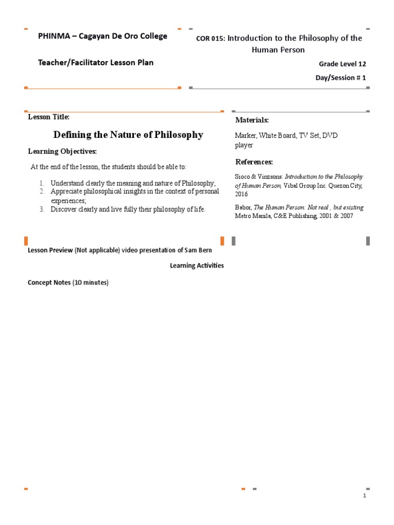 COR 015 - Intro. To The Philo. of The Human Person - Day01 - SAS | PDF | Lesson Plan | Self
