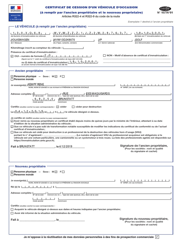 Cerfa - 15776-01 Certificat Cession Véhicule | PDF | Véhicules terrestres | Véhicule motorisé