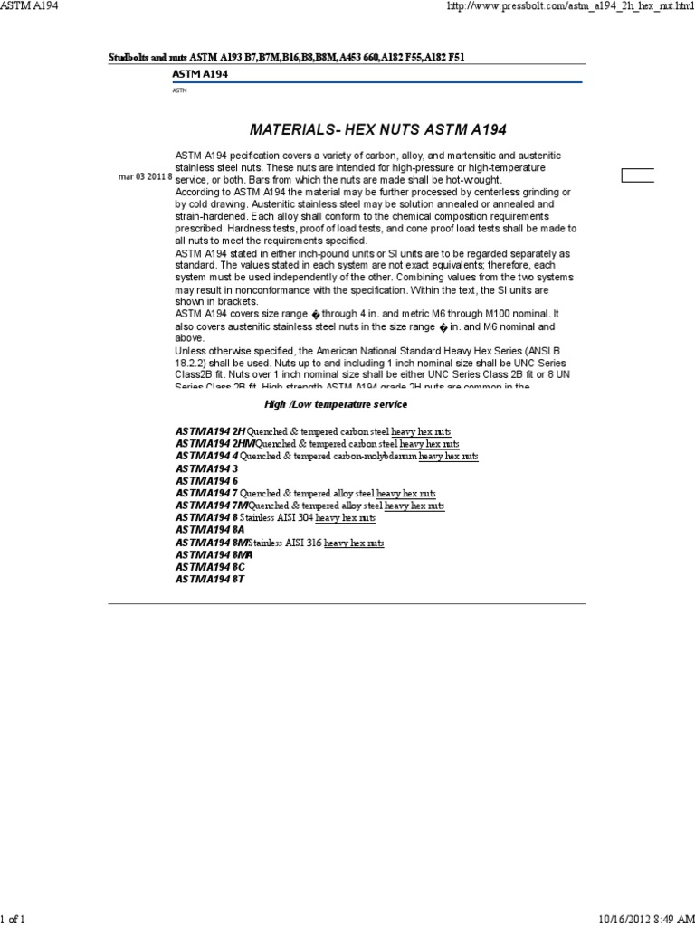 ASTM A194 Hex Nuts Specifications | PDF | Stainless Steel | Steel