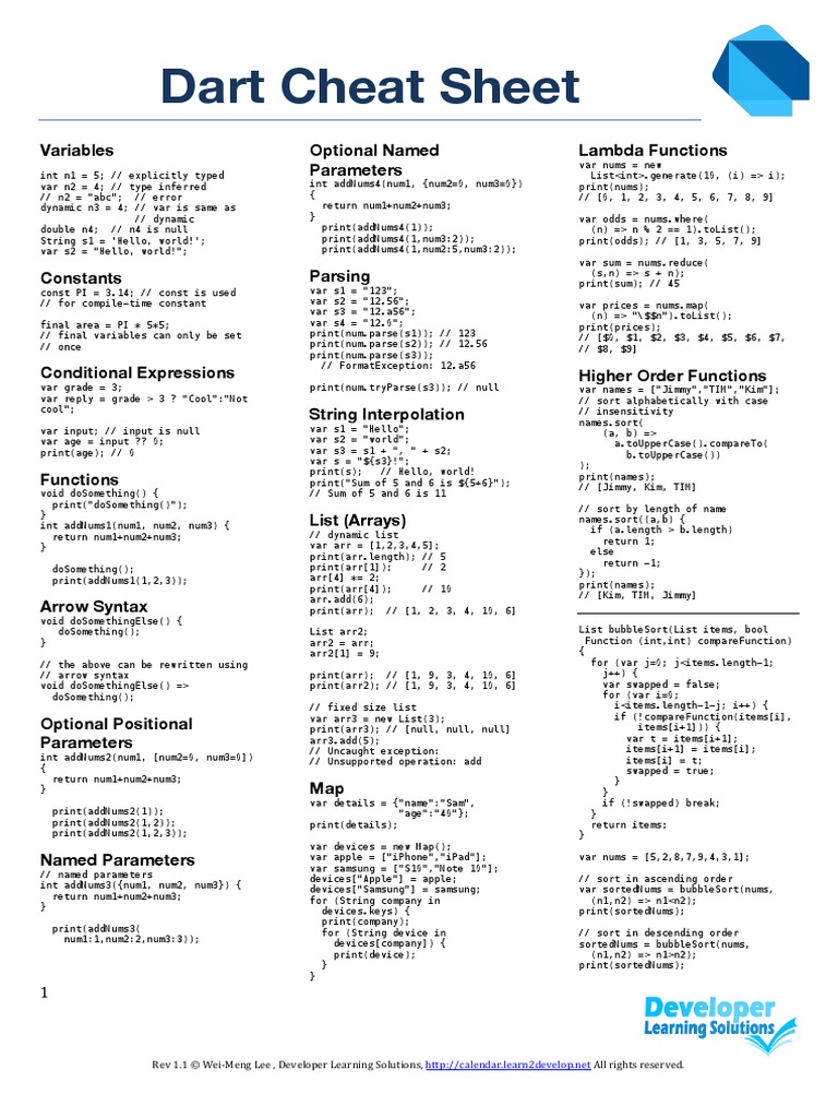 Dart Cheat Sheet | PDF | Constructor (Object Oriented Programming ...